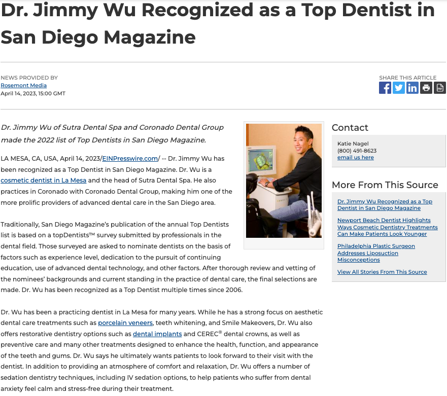 Dr. Jimmy Wu Named Top Dentist in San Diego Magazine